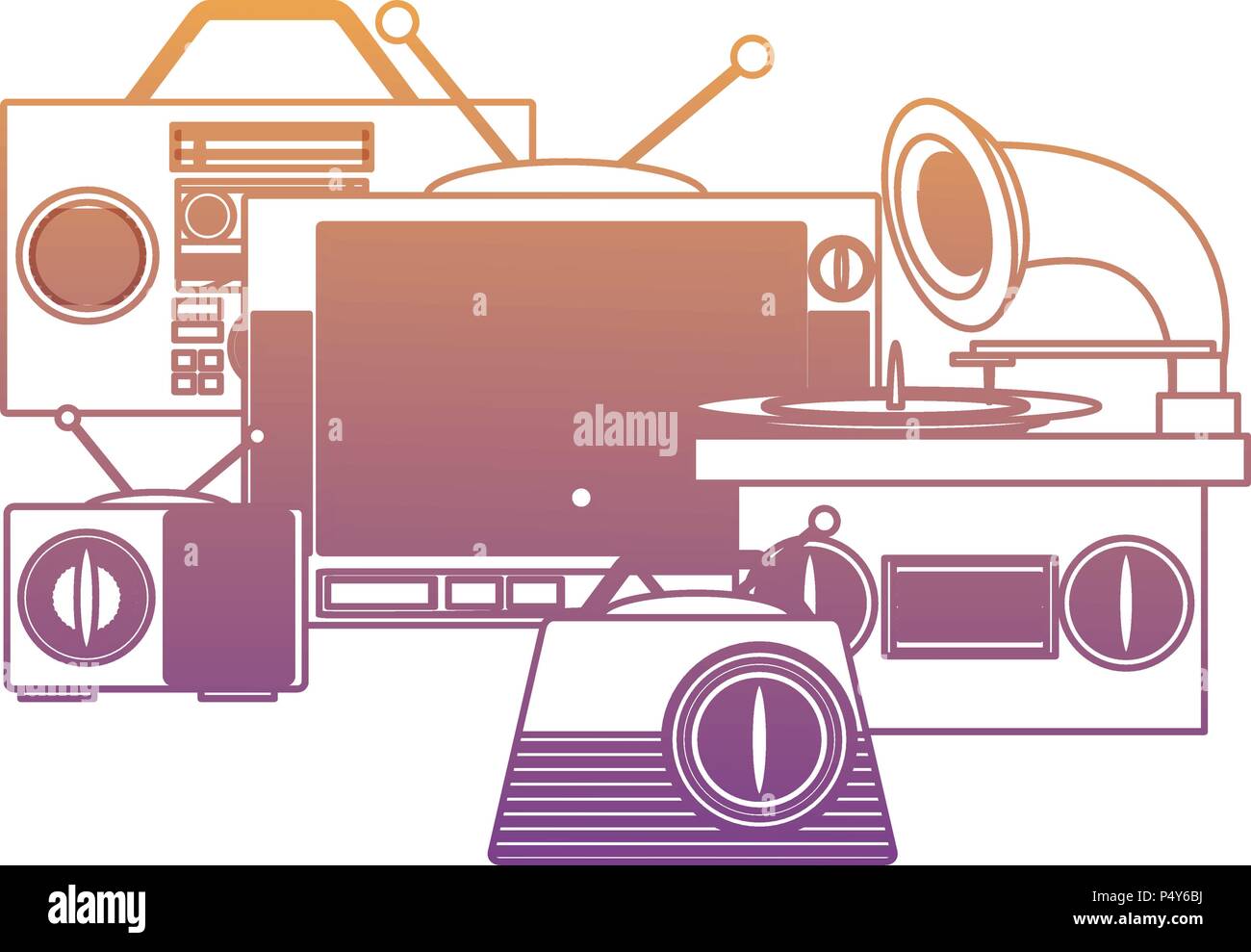 retro television and radio with other devices over white background ...