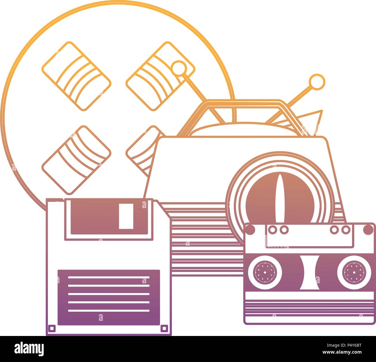 film tape with retro radio and cassette over white background, vector ...