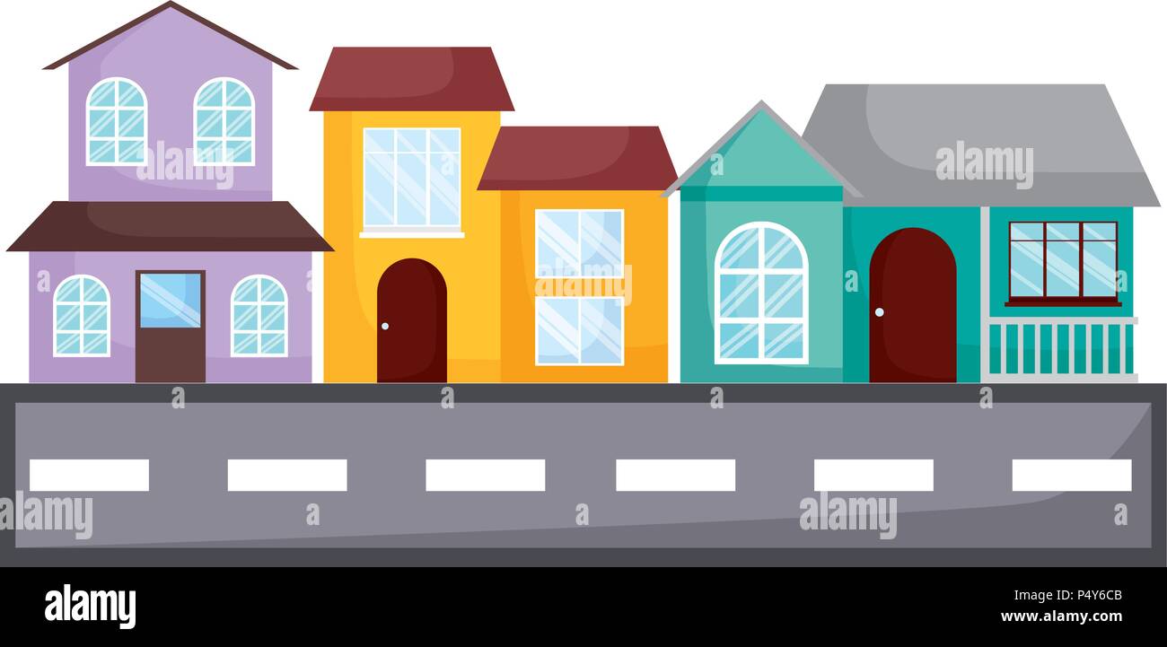 Street with Different houses along over white background, vector ...