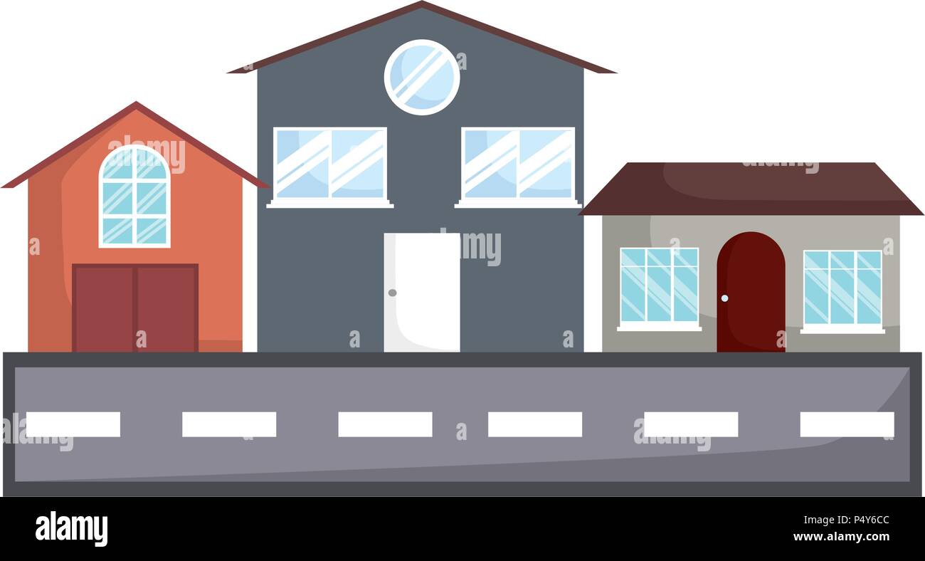 Different houses along the street over white background, colorful ...