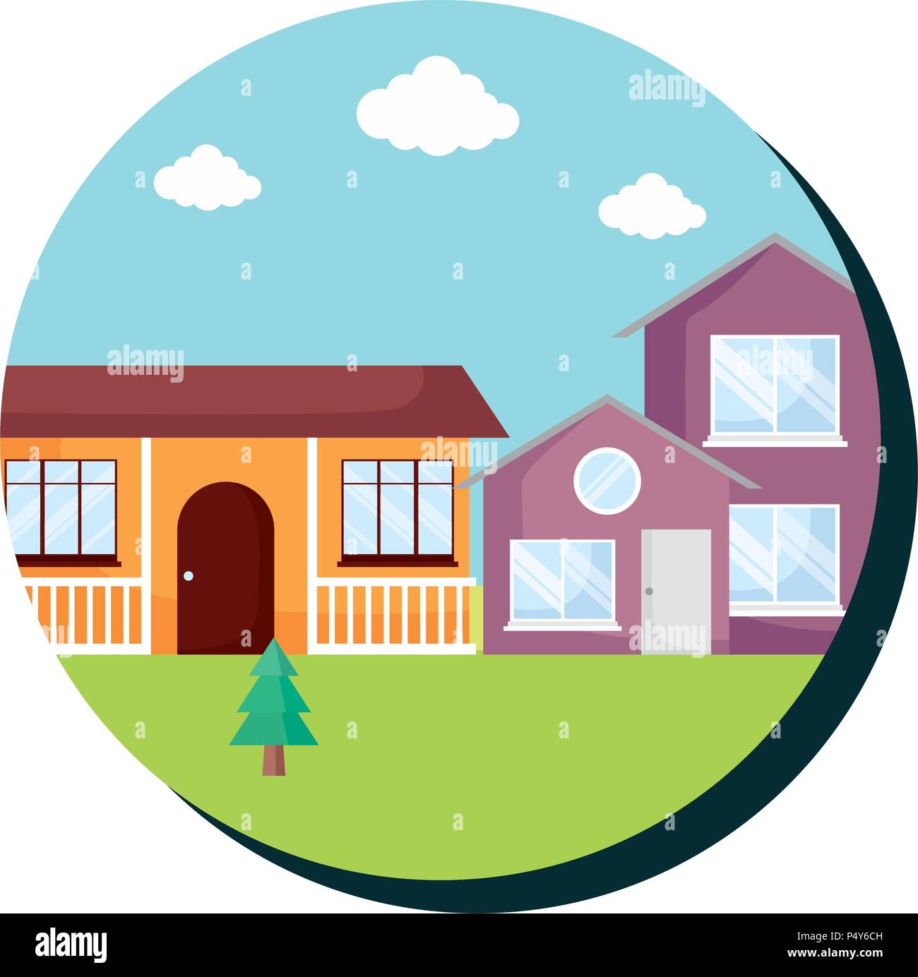 Frame in circle shape with traditional houses in a landscape over white ...