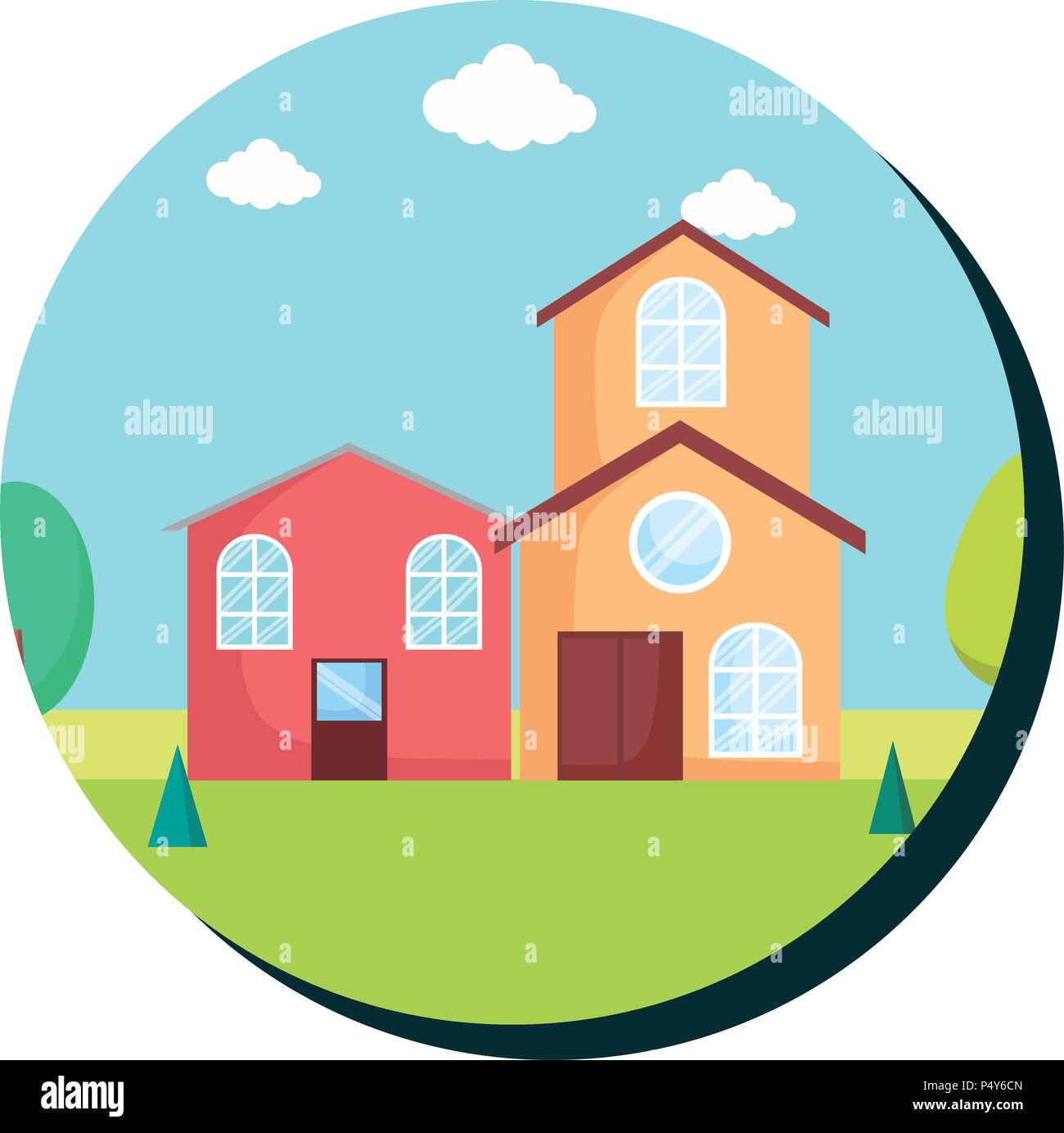 Frame in circle shape with traditional houses in a landscape over white ...
