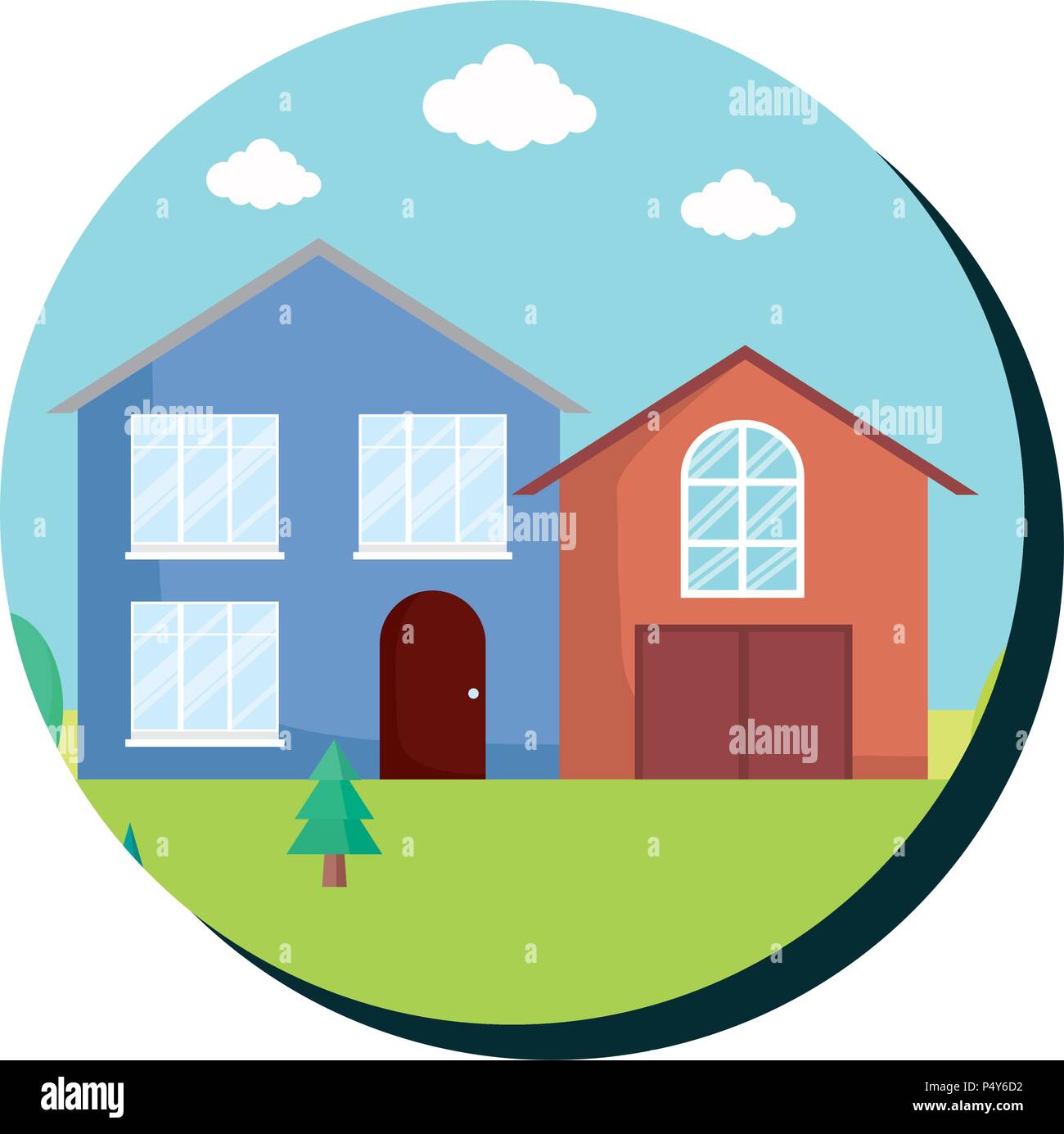 Frame in circle shape with traditional houses in a landscape over white ...