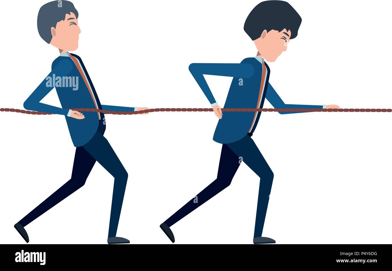 Cartoon businessmen pushing a rope over white background, vector ...