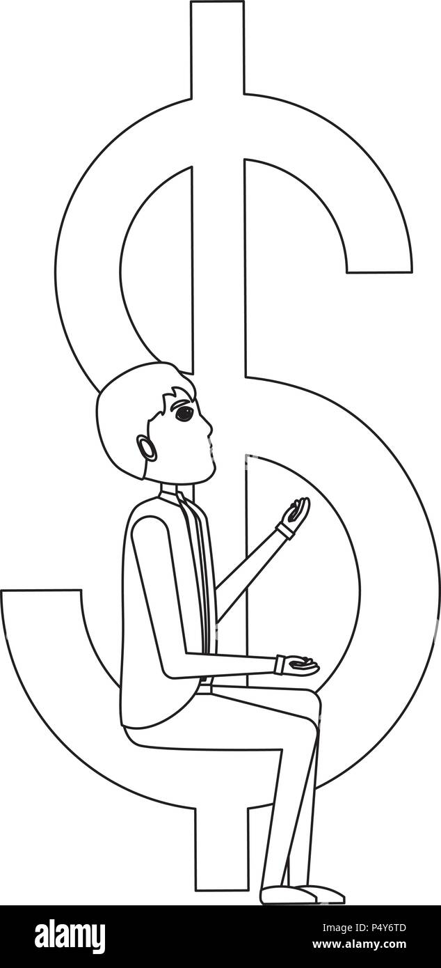 Cartoon businessman sitting on a big money symbol over white background ...