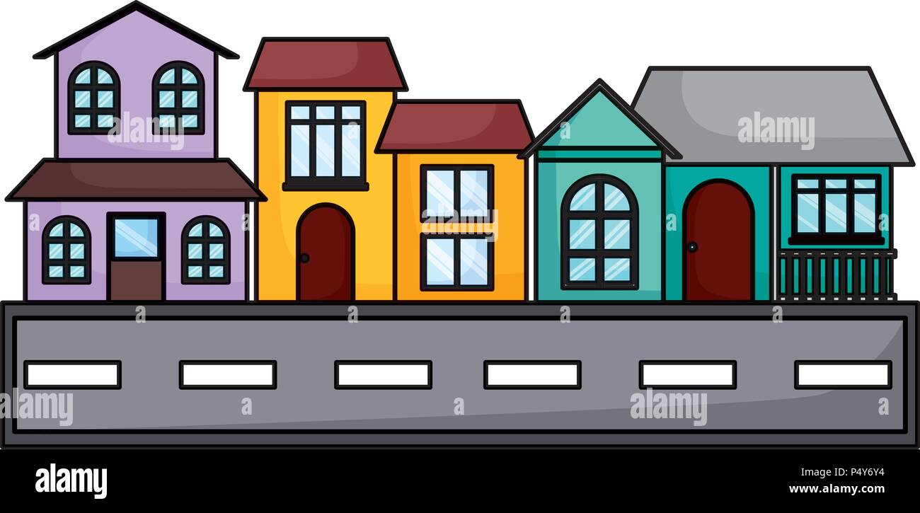 Street with Different houses along over white background, vector ...