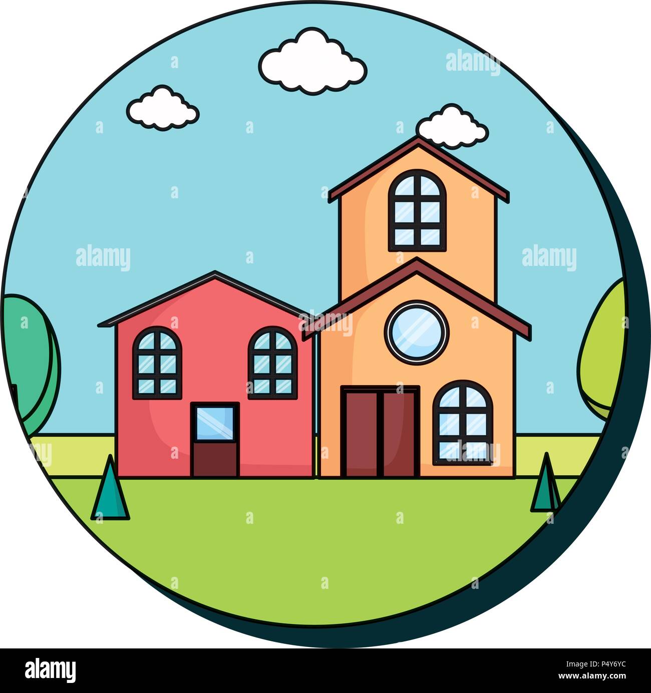 Frame in circle shape with traditional houses in a landscape over white ...