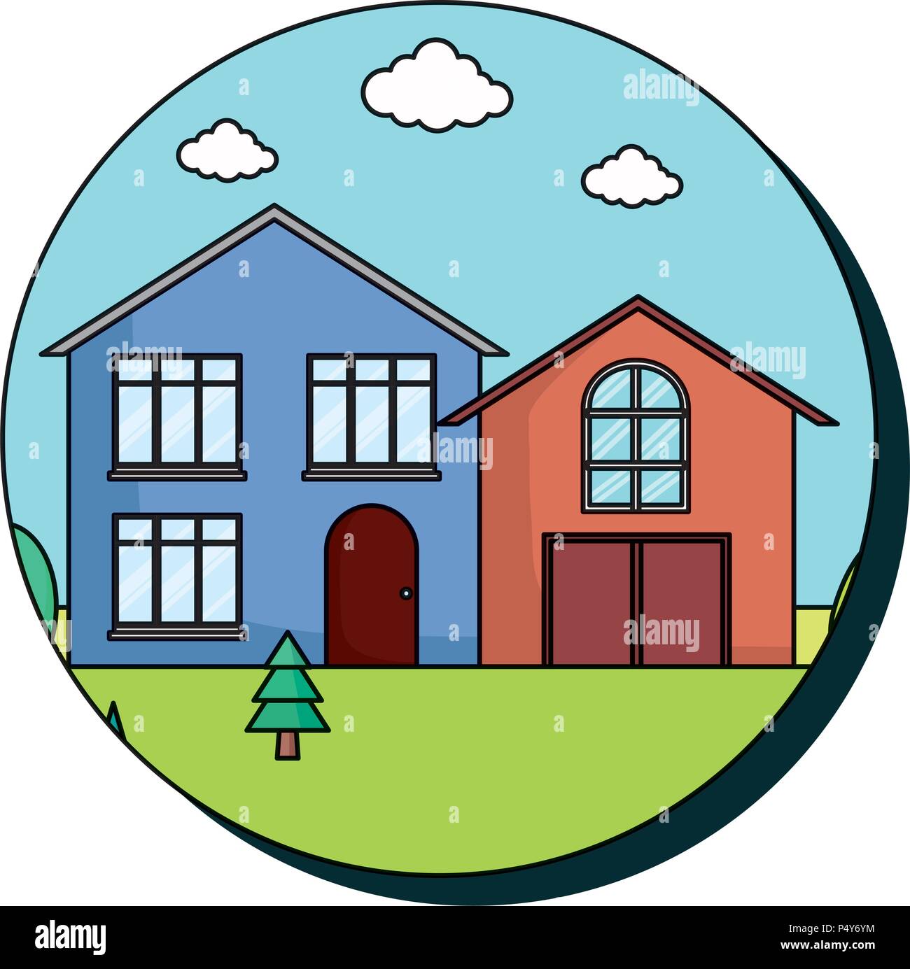 Frame in circle shape with traditional houses in a landscape over white ...