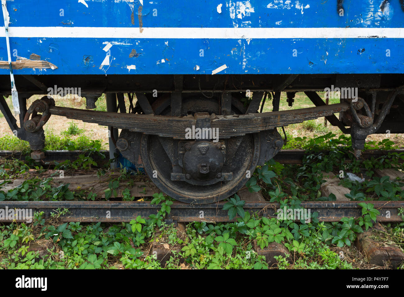 Wheel bogie of old disused narrow gauge train wagon passenger carriage ...