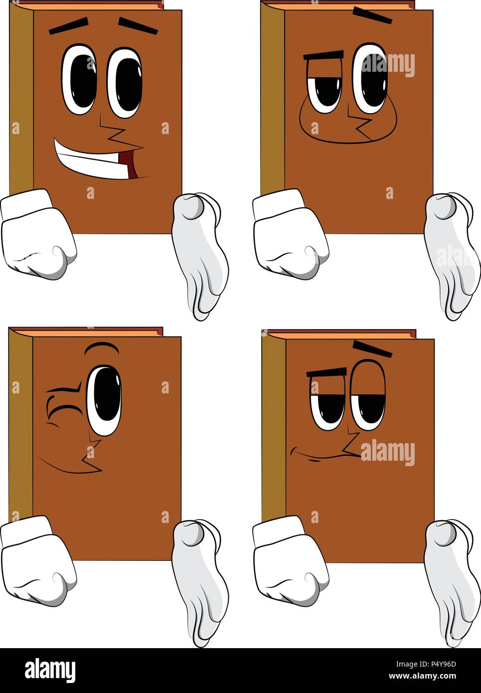 Books giving a hand. Cartoon book collection with happy faces ...