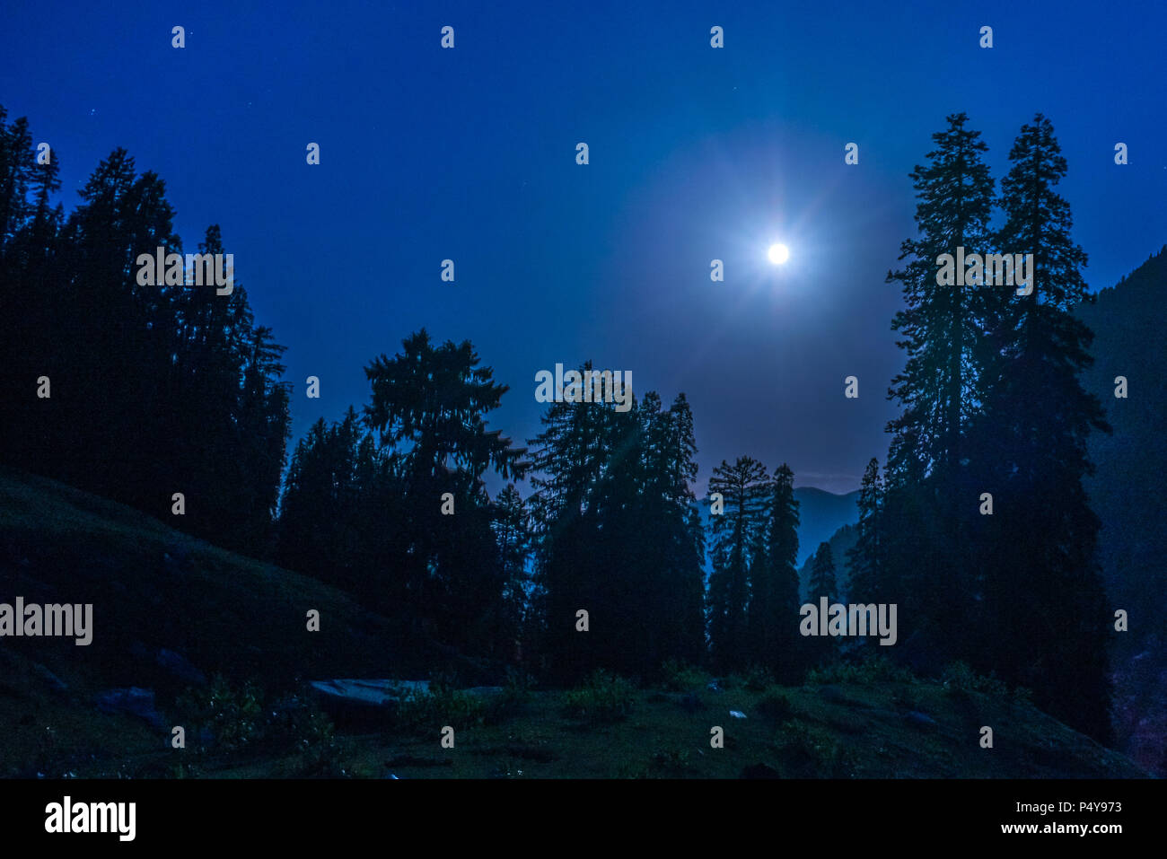 Full moon over Himalaya mountains, Kullu Manali valley, Himachal ...