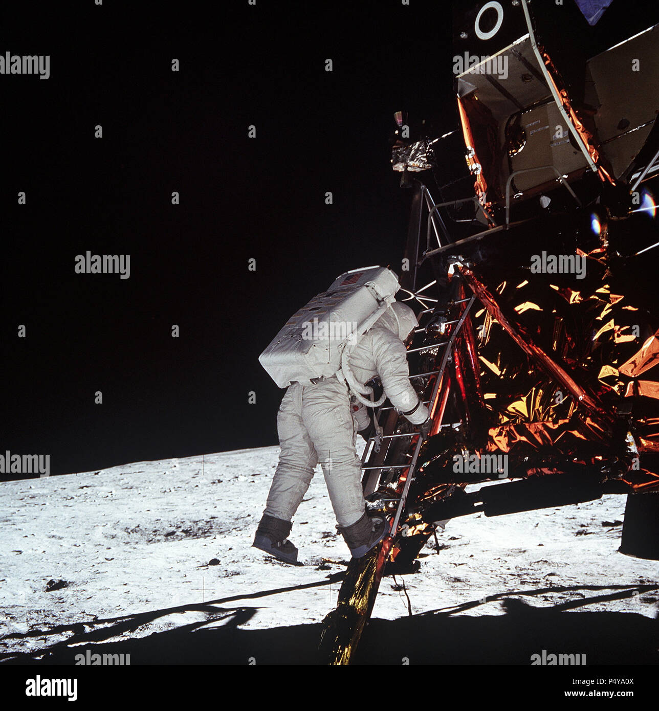 Astronaut Edwin E. Aldrin Jr., lunar module pilot, descends the steps ...