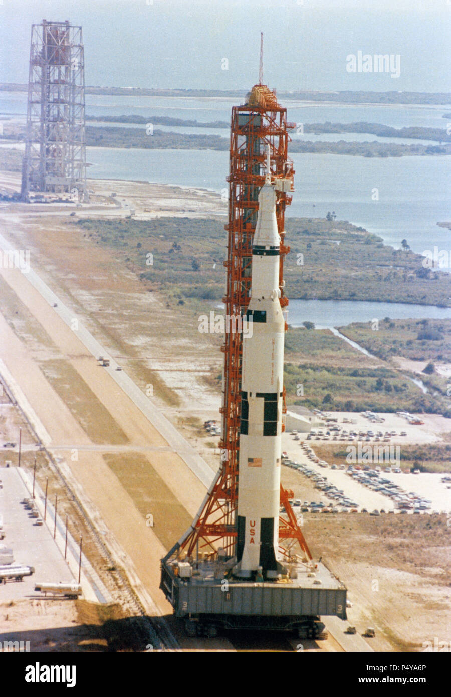 Aerial view at Launch Complex 39, Kennedy Space Center, showing a close-up of the 363-feet tall ...