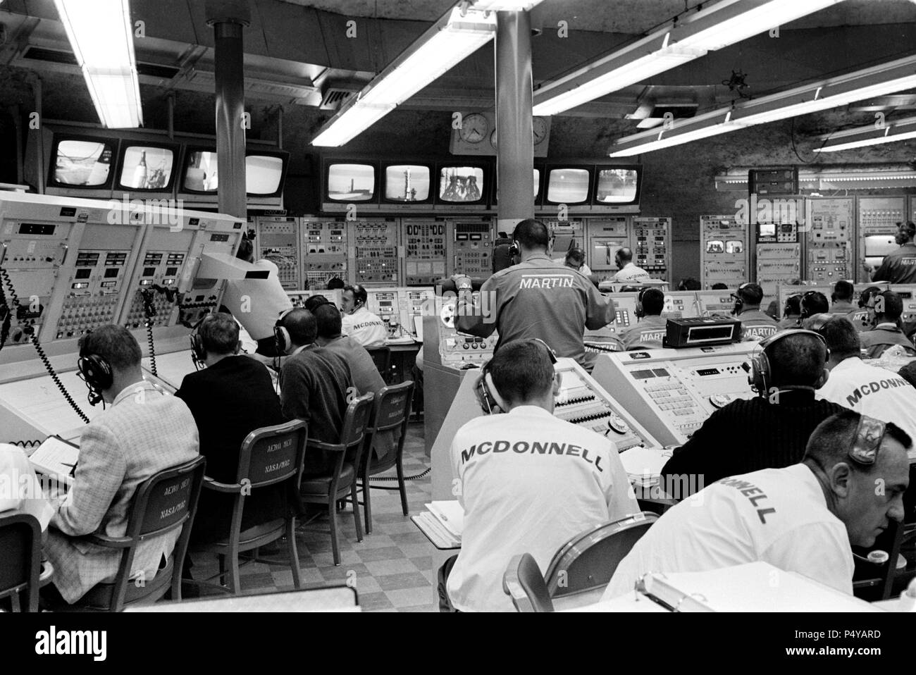 Overall view of activity in blockhouse at Launch Complex 19 during the ...