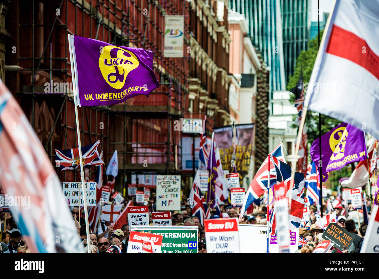 London, London, UK. 23rd June, 2018. UKIP, England and Union Jack flags ...