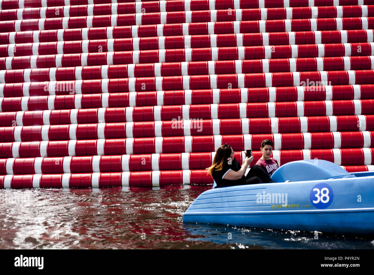 London, UK. 23 June 2018 The Mastaba, a temporary sculpture made of ...