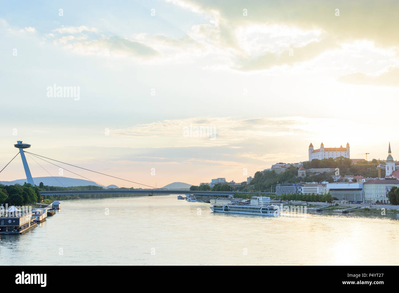 Bratislava (Pressburg): river Danube, cruise ship, bridge SNP ("Bridge ...