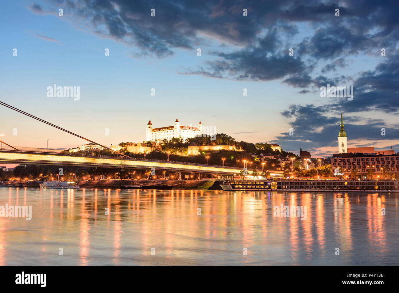 Bratislava (Pressburg): river Danube, cruise ship, bridge SNP ("Bridge ...