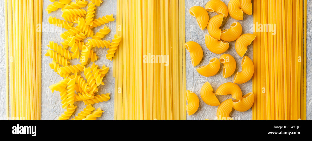 Variety of types and shapes of dry Italian pasta - Spaghetti, Linguine ...
