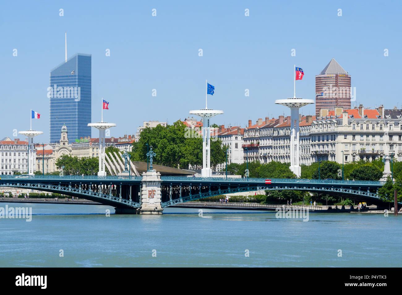 General view of Lyon city, seen from Rhone river quays, Lyon, France ...