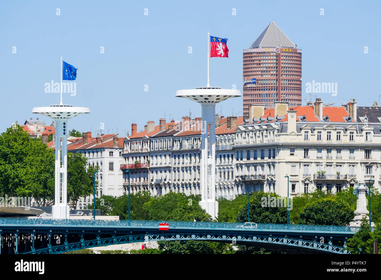 General view of Lyon city, seen from Rhone river quays, Lyon, France ...