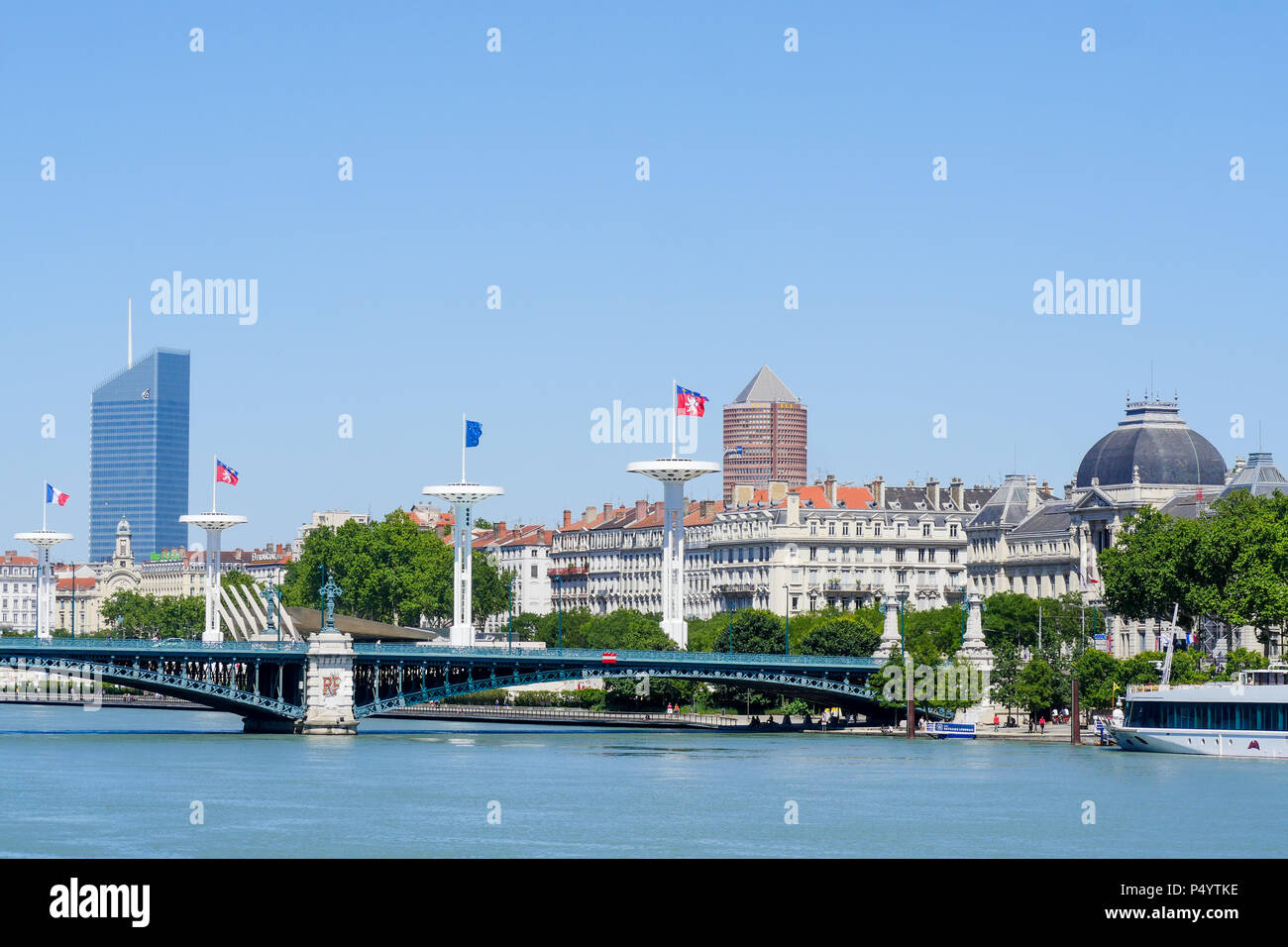 General view of Lyon city, seen from Rhone river quays, Lyon, France ...