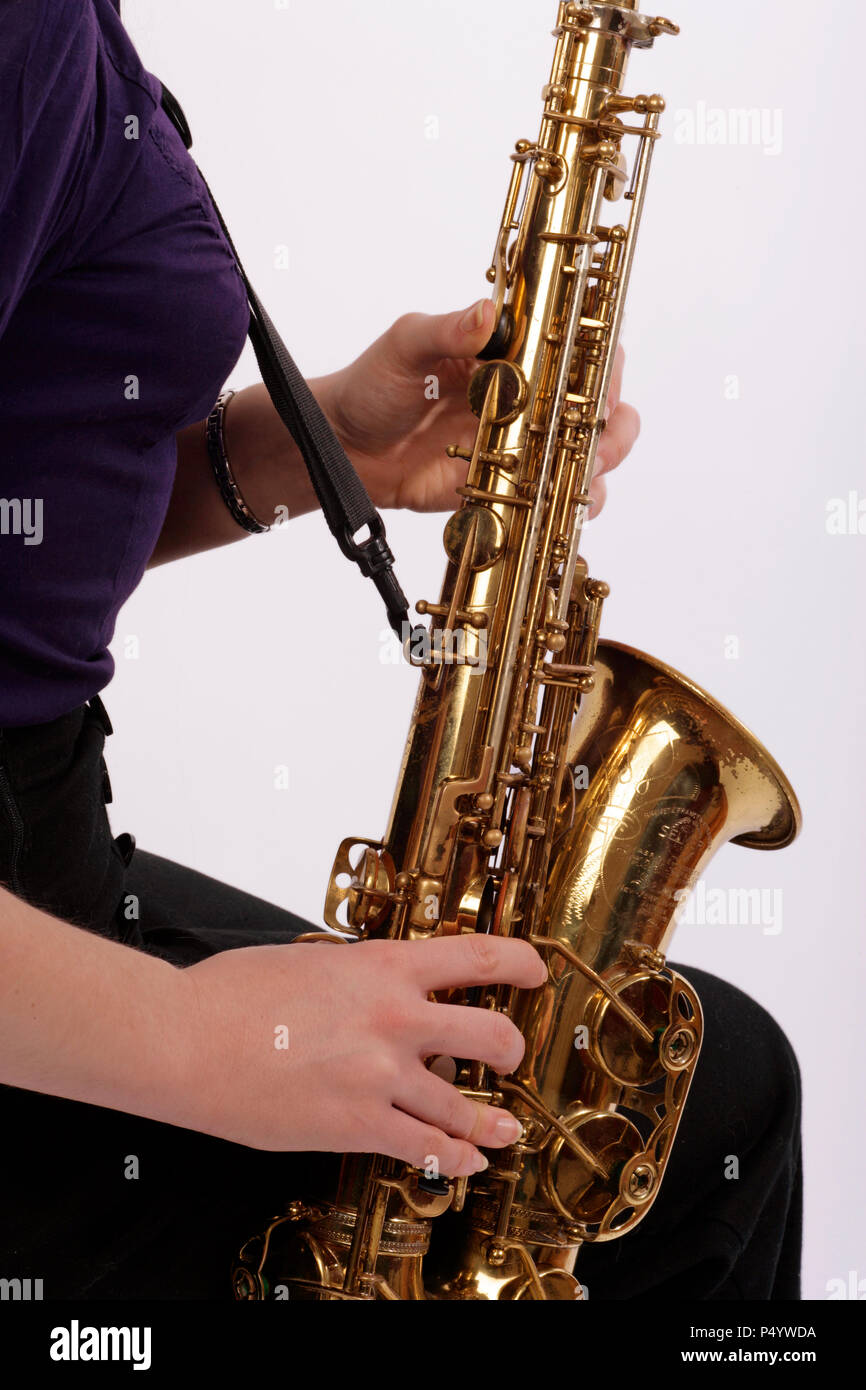 Close up detail of alto saxophone Stock Photo - Alamy