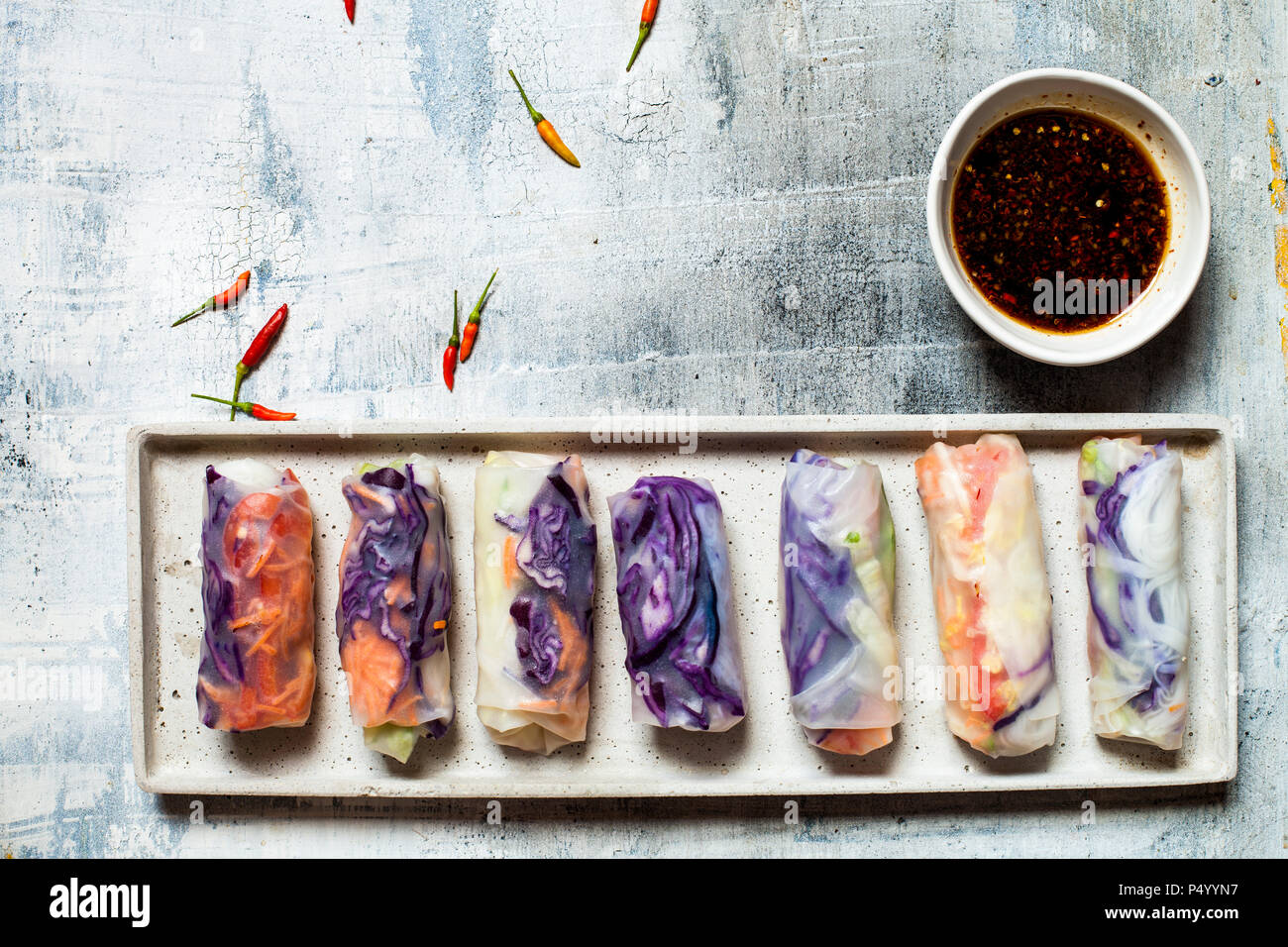 Vegan rice paper wraps (vietnamese summer rolls), filled with cabbage ...