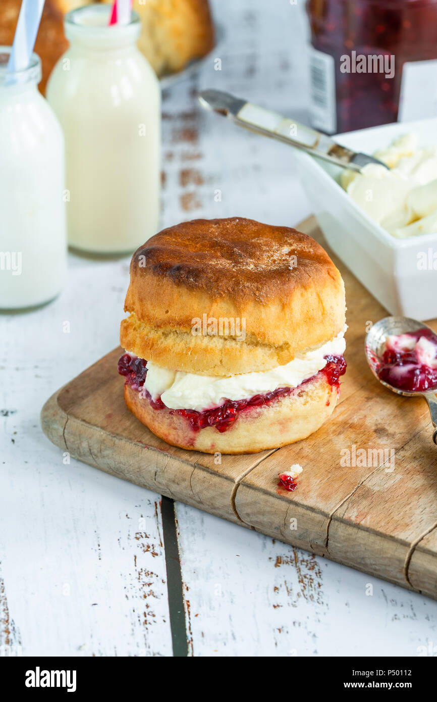 Traditional English scones with strawberry jam and clotted cream Stock ...