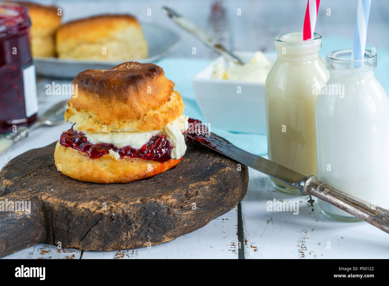 Traditional English scones with strawberry jam and clotted cream Stock ...