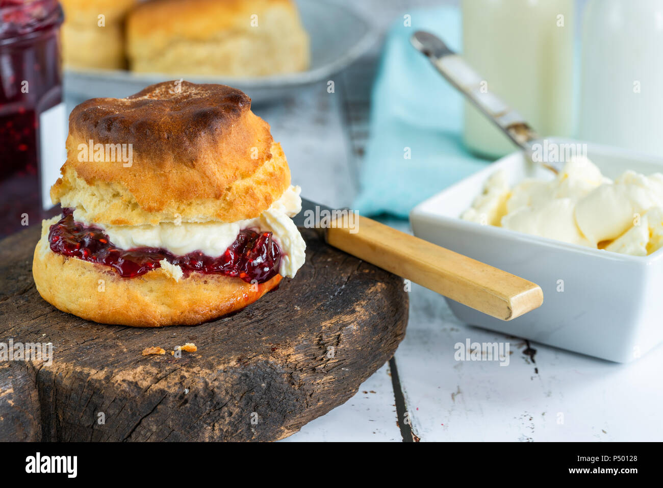 Traditional English scones with strawberry jam and clotted cream Stock ...