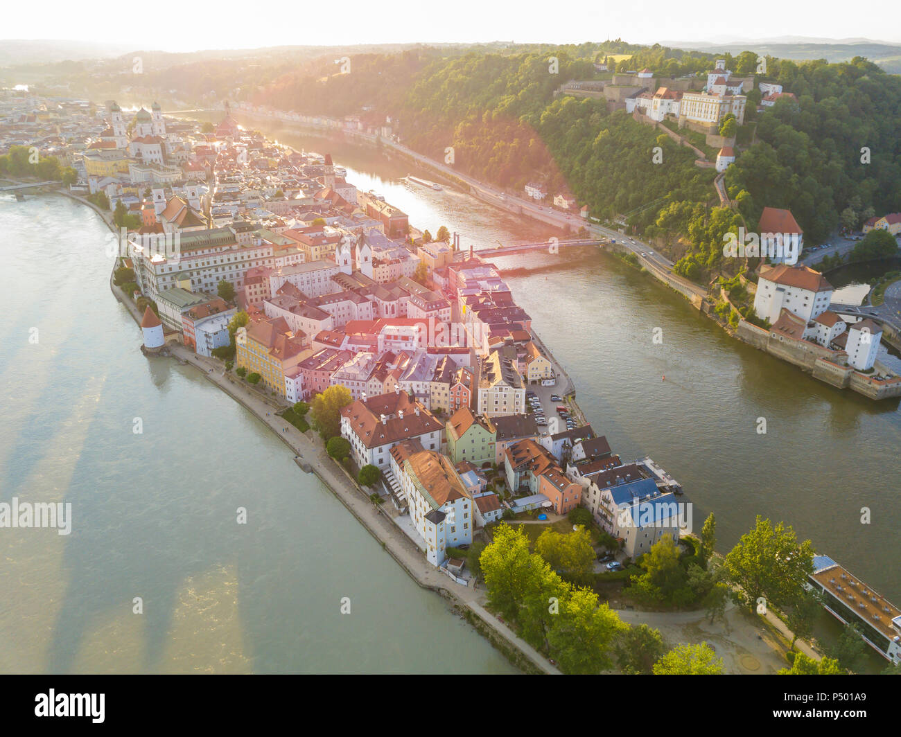 Germany, Bavaria, Passau, confluence of three rivers, Danube, Inn and ...