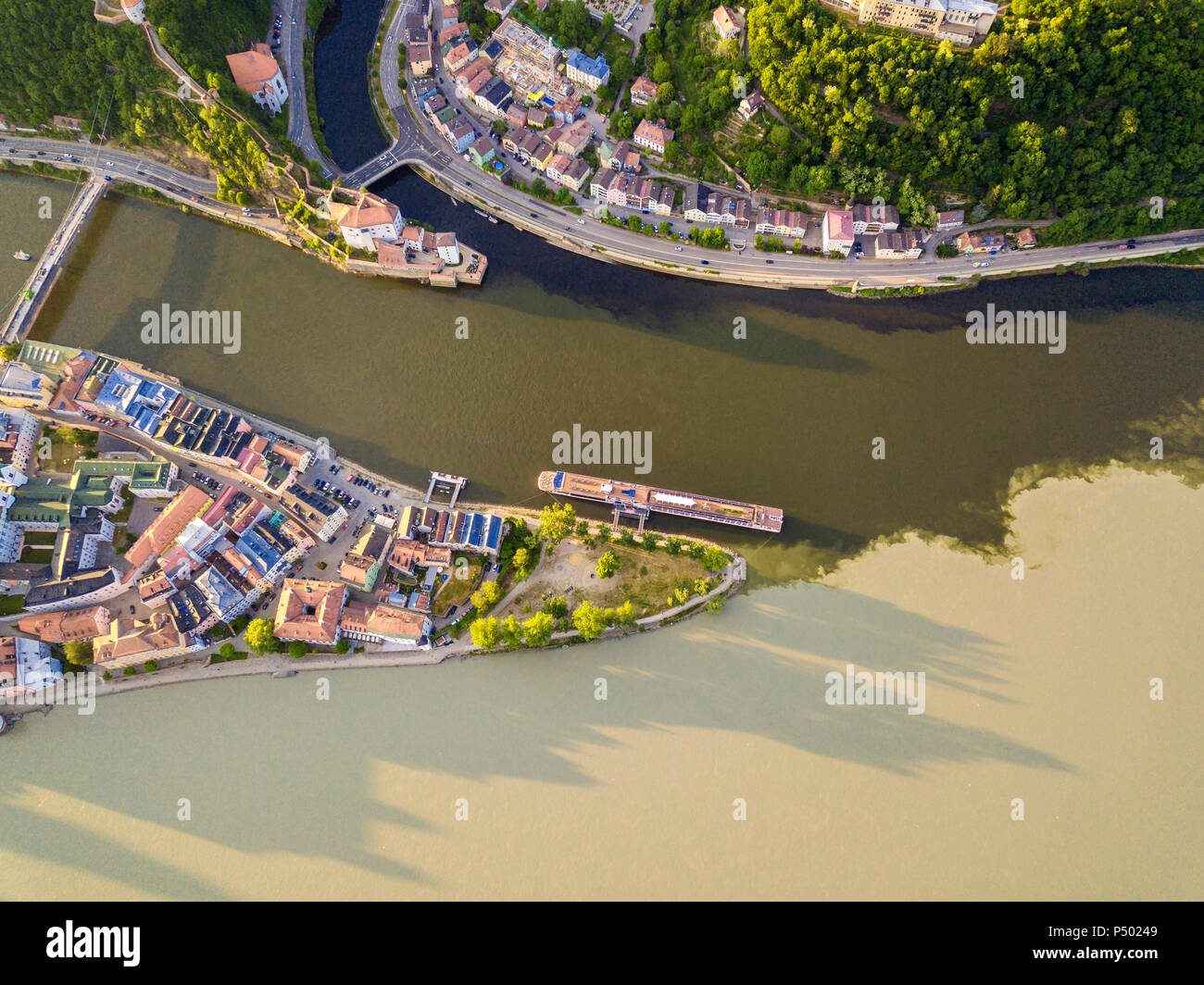 Germany, Bavaria, Passau, confluence of three rivers, Danube, Inn and ...