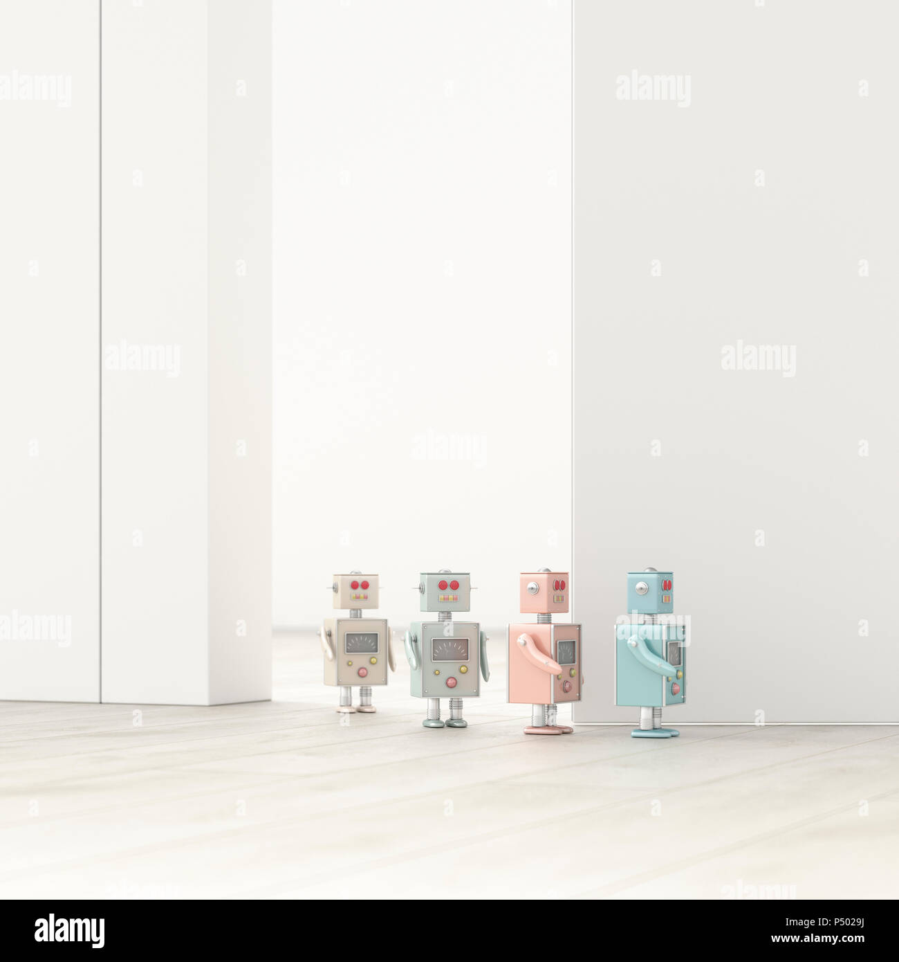 Robots walking in a row in an empty room, 3d rendering Stock Photo - Alamy