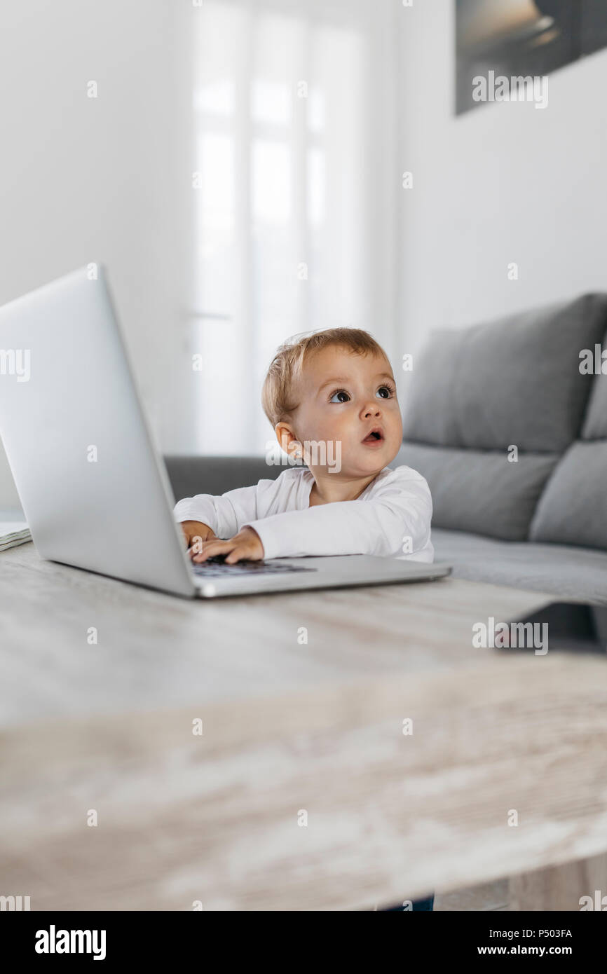 Toddler girl using laptop Stock Photo - Alamy