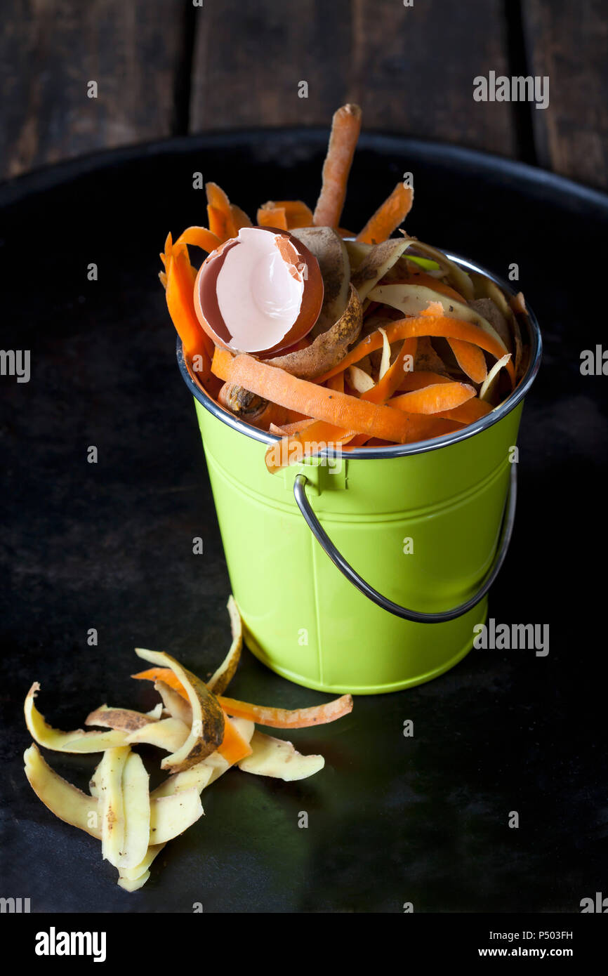 Green metal bucket with organic waste Stock Photo - Alamy