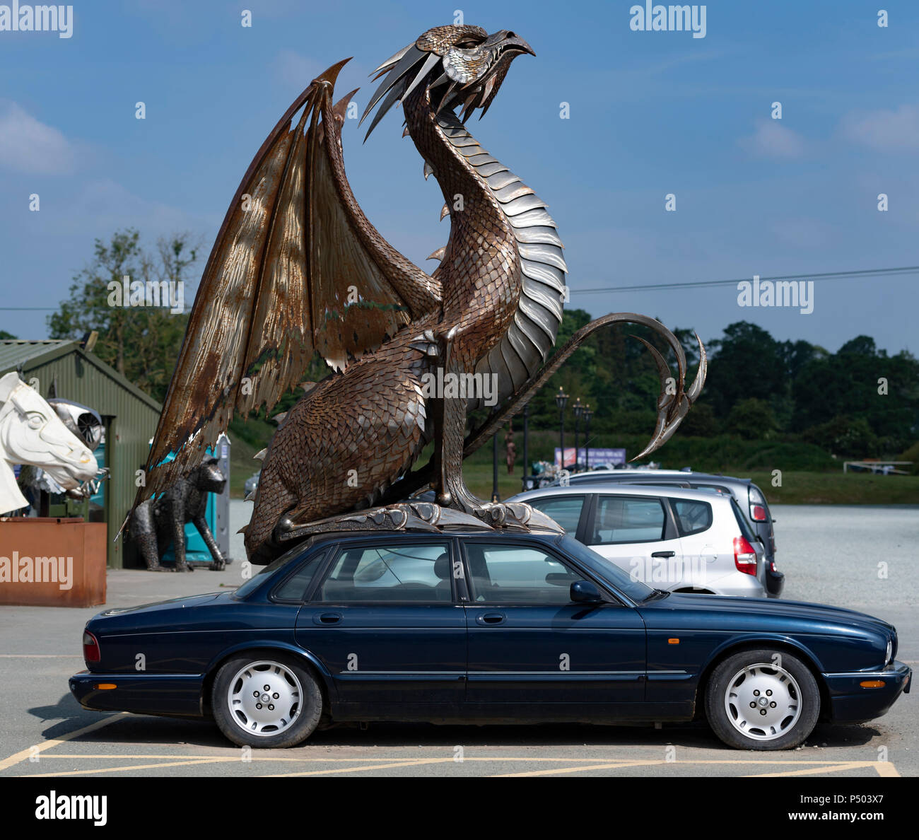 Welsh Dragon sculpture placed on top of a Jaguar car, shown on display ...