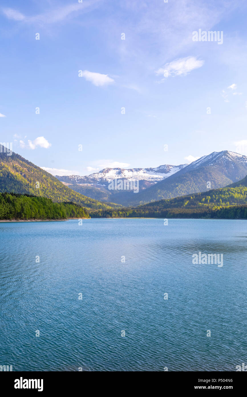 Germany, Bavaria, Sylvenstein Dam, View to Karwendel mountains in ...