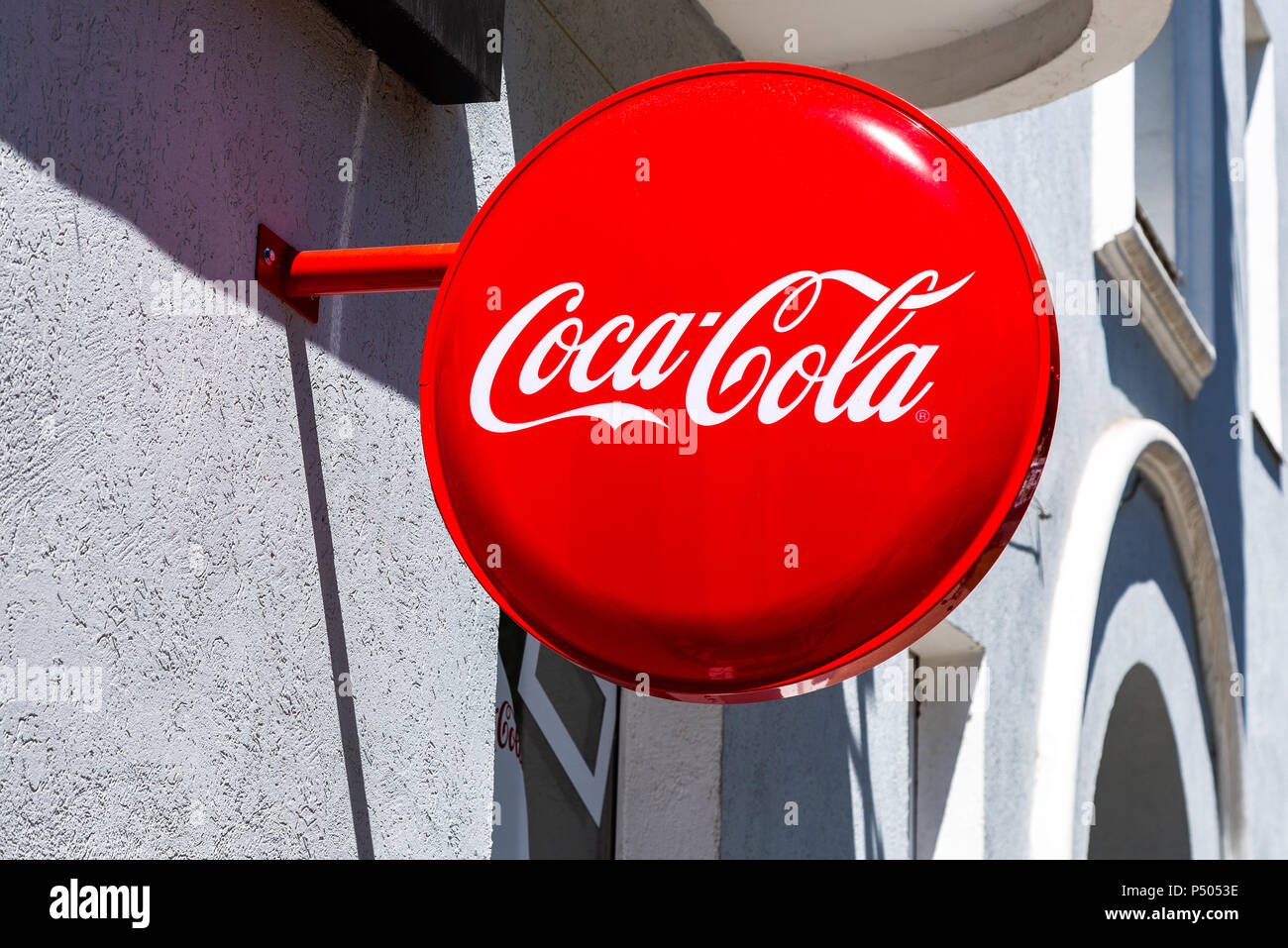 Samara, Russia - June 23, 2018: Coca Cola advertising sign on the wall ...