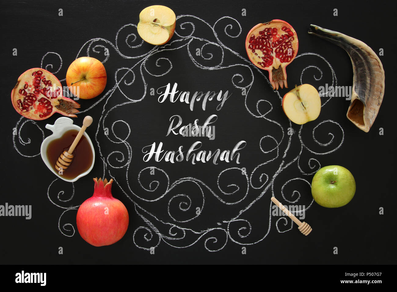 Rosh hashanah (jewish New Year holiday) concept. Traditional symbols ...