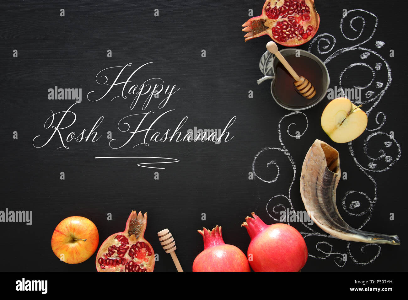 Rosh hashanah (jewish New Year holiday) concept. Traditional symbols ...