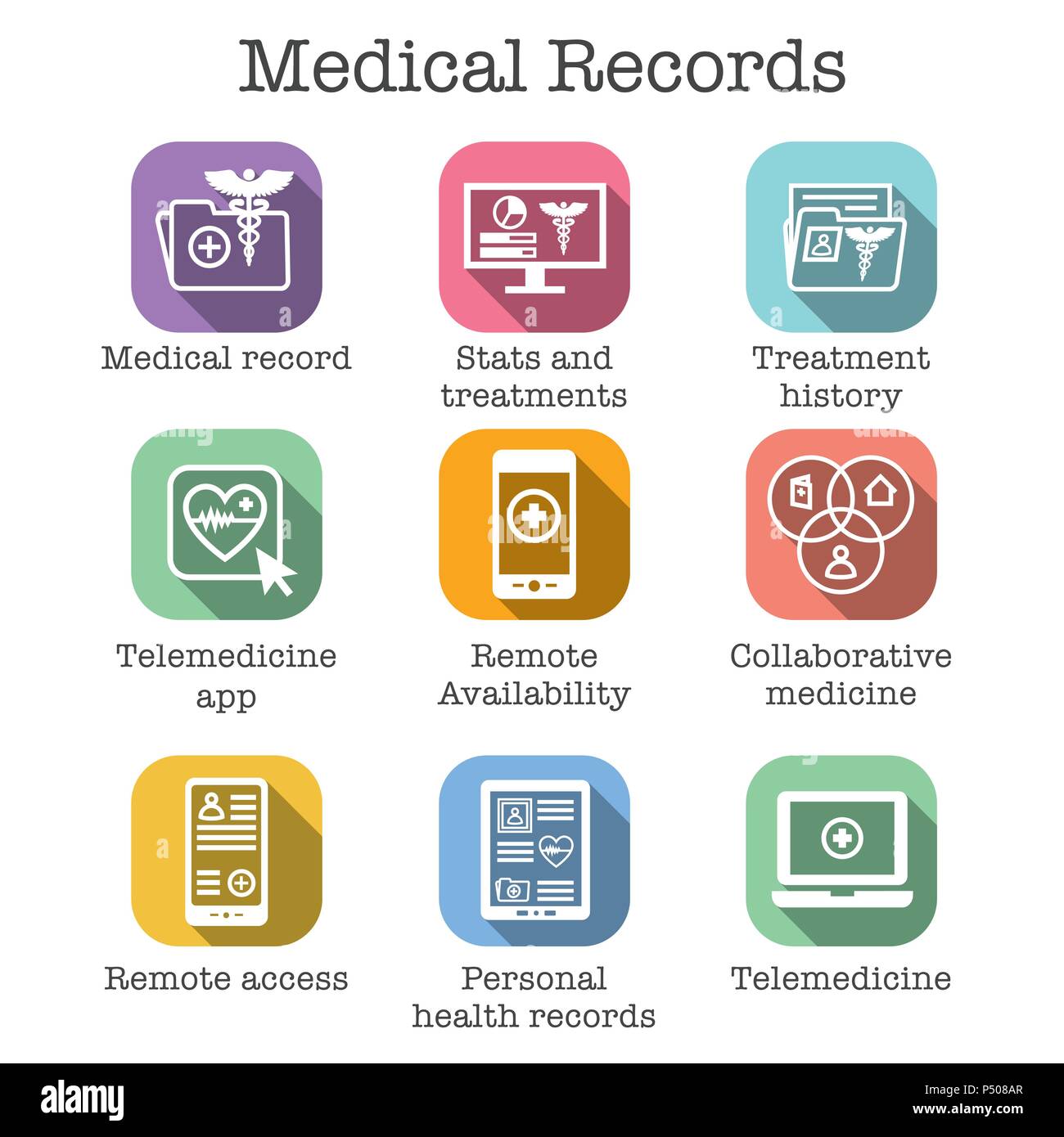 Telemedicine and Health Records Icon Set w Caduceus, file folders ...