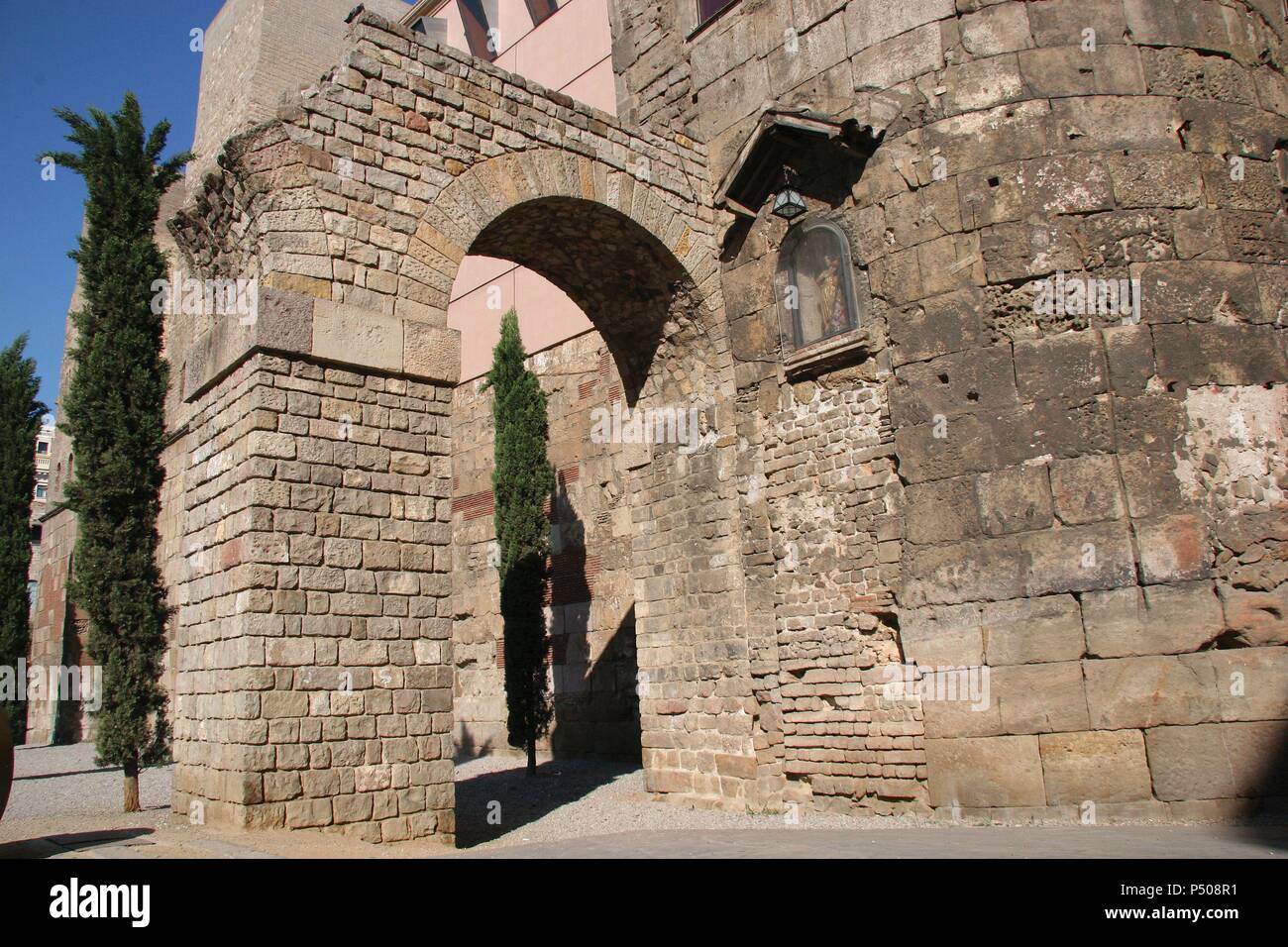 Roman Art. Ruins ot the roman wall and two arches from the aqueduct ...