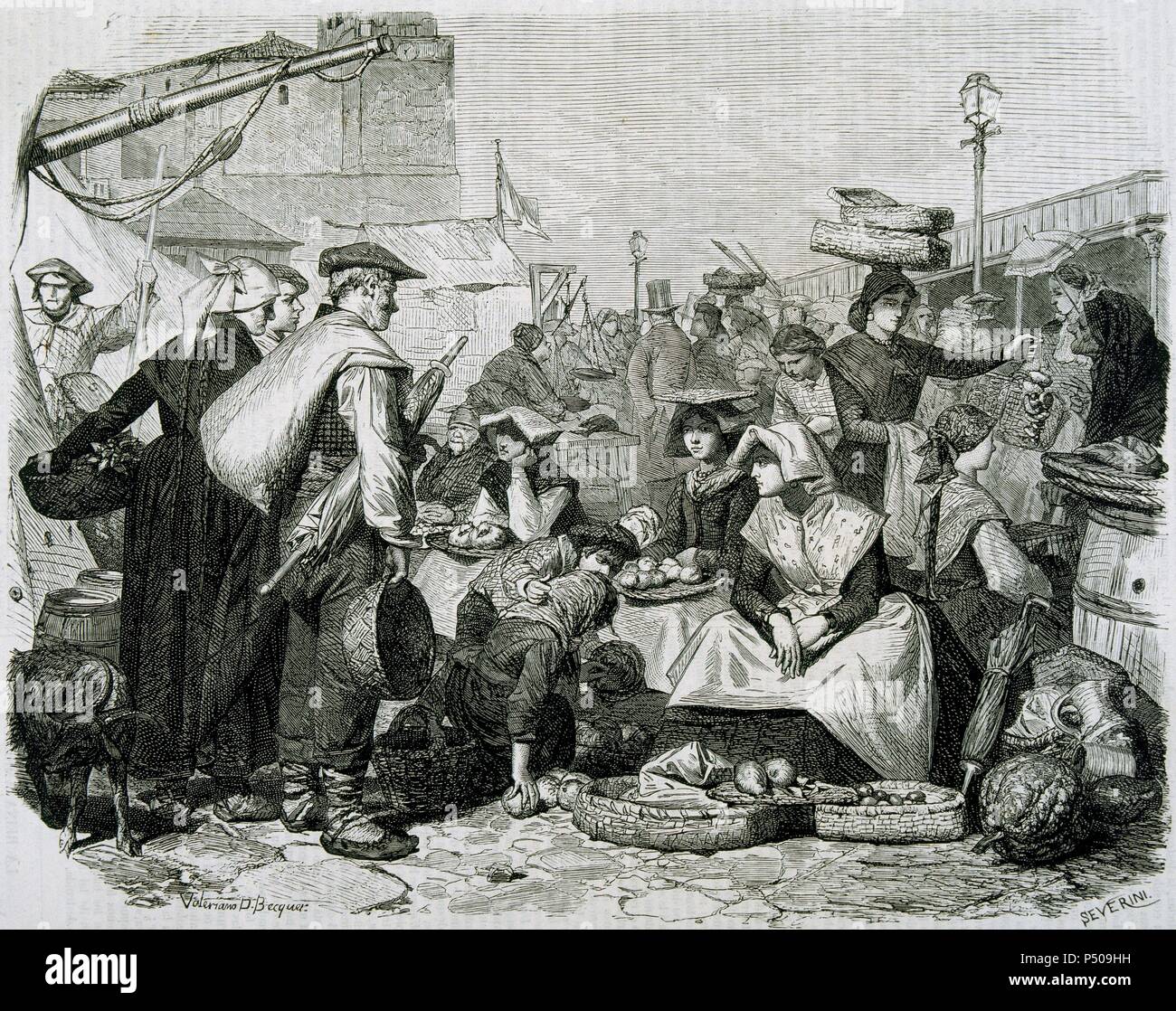 SOCIEDAD ESPAÑOLA. SIGLO XIX. BILBAO. "VISTA DEL MERCADO". Grabado ...