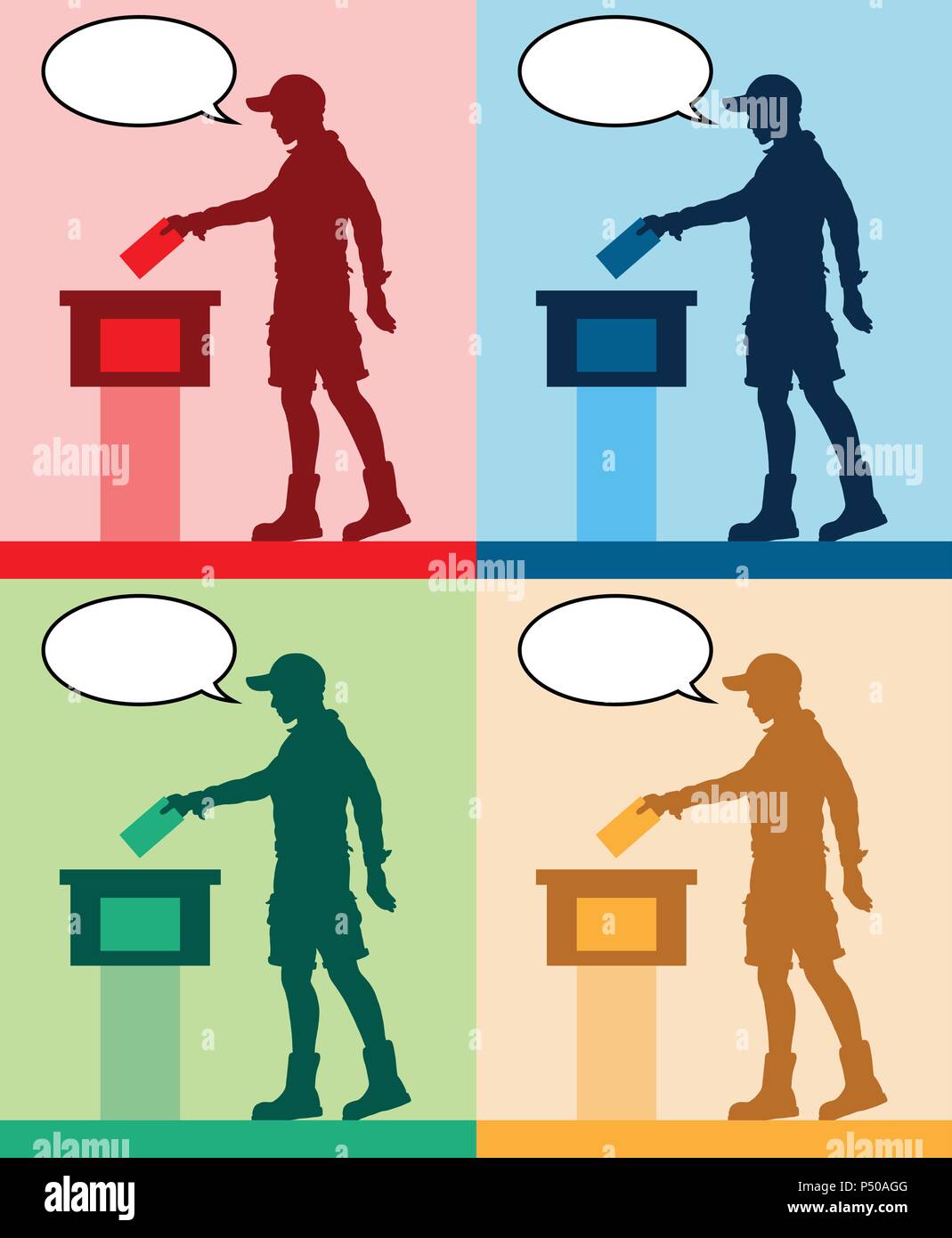 young man voter silhouettes with different colored speech bubble by ...