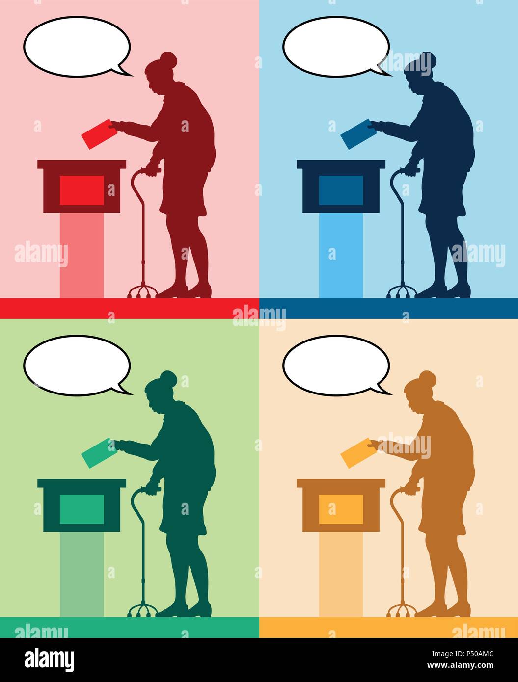old woman voter silhouettes with different colored speech bubble by ...