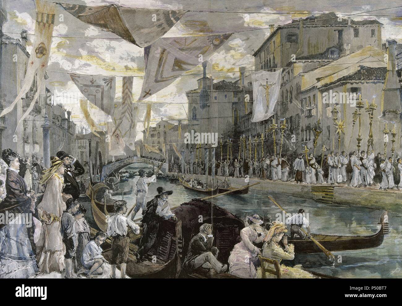 Procession at the Cannareggio. Venice. Drawing by Pradilla. Coloured ...