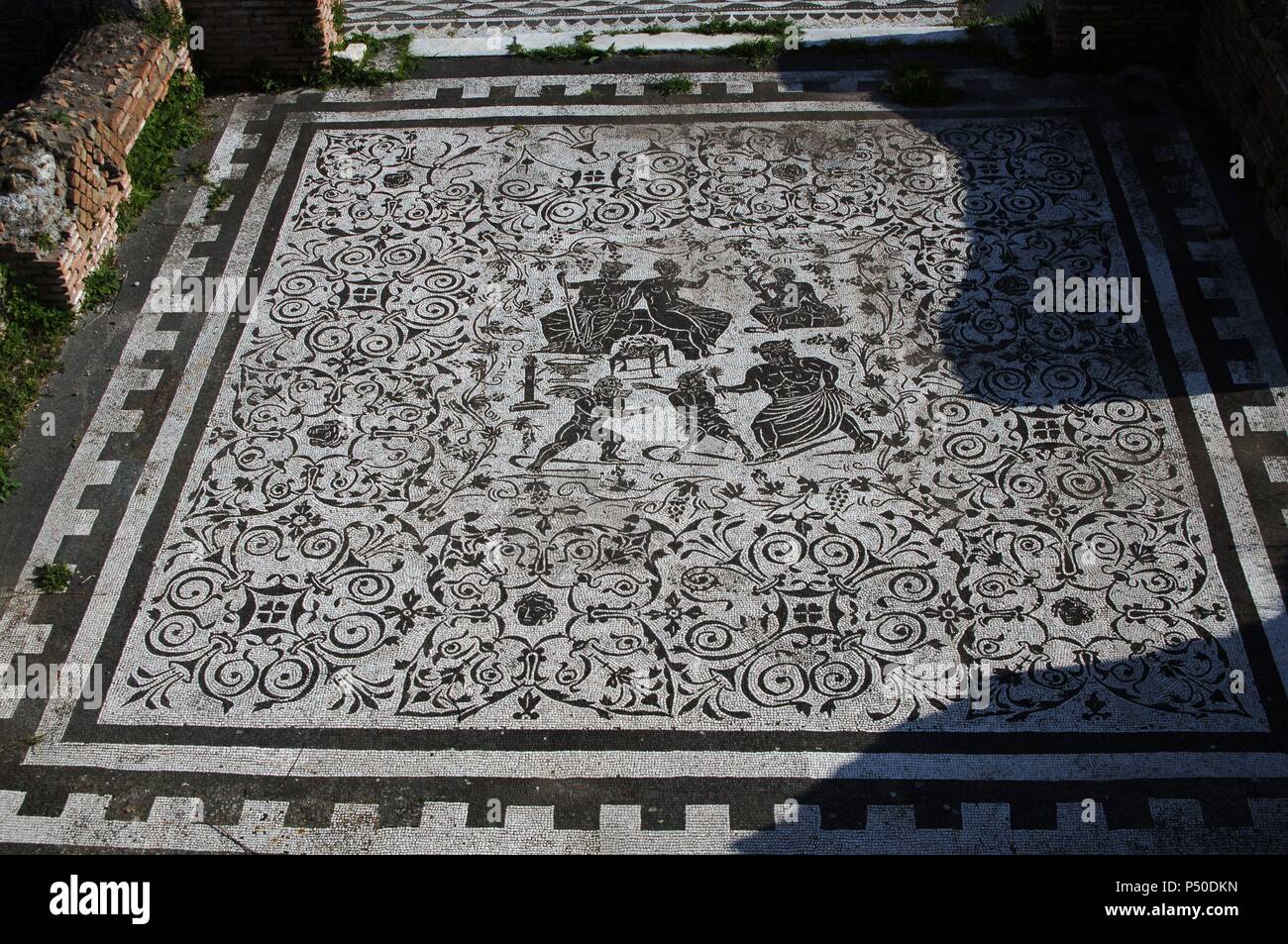 Roman Art. Italy. House of Bacchus and Ariadne. Floor mosaic in black ...