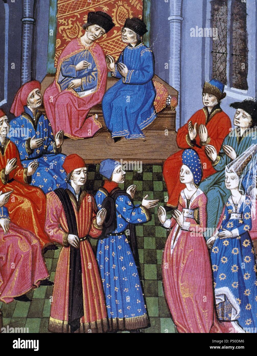Medieval miniature. Meeting of the Roman Senate. Discussion on marriage ...