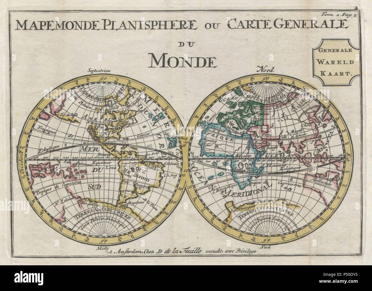 1706 de La Feuille Map of the World on Hemisphere Projection ...